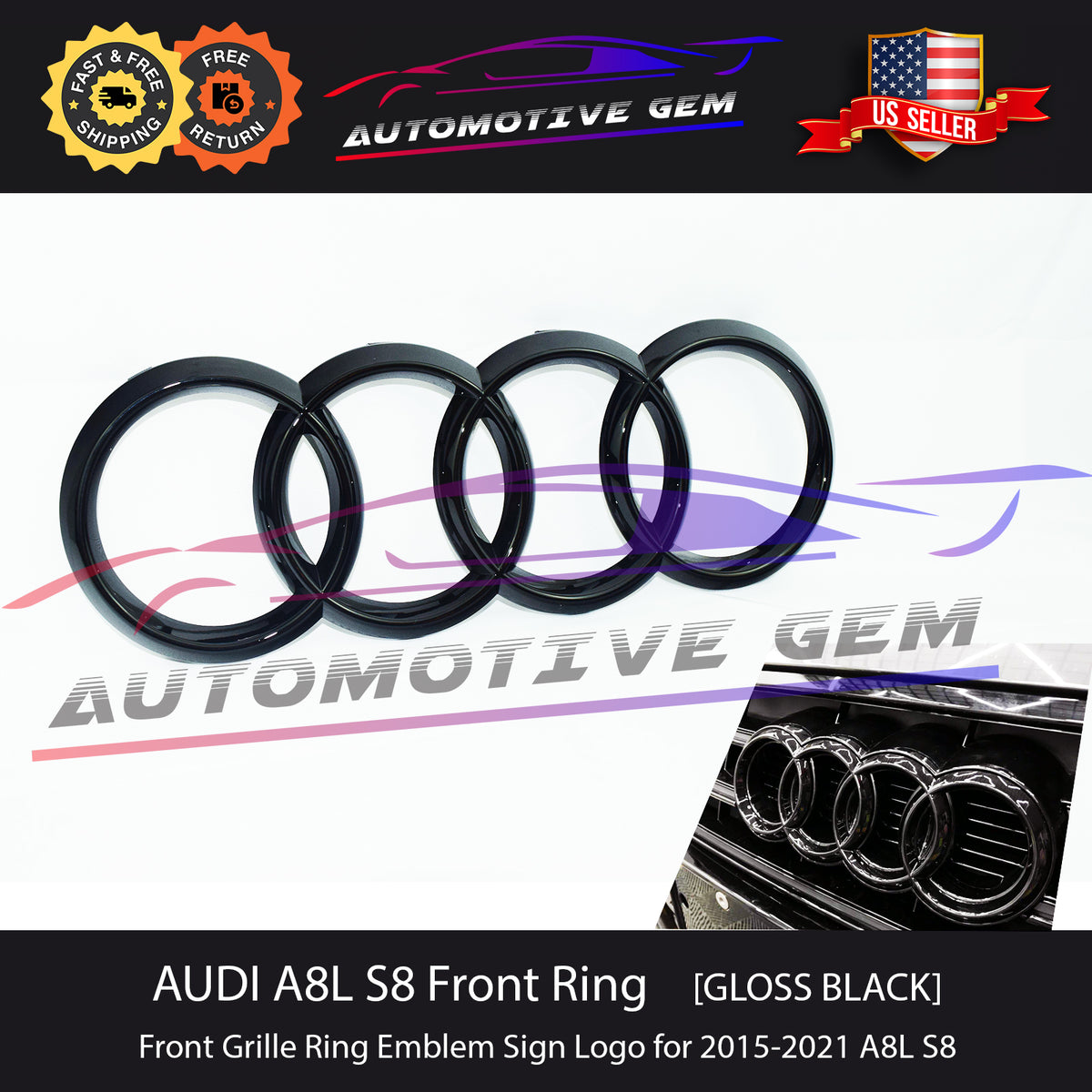 AUDI A8L Front Ring Grille Emblem GLOSS BLACK Badge OEM Logo S8 Sedan – Automotive Gem
