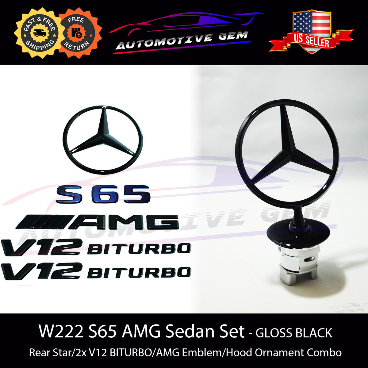 S65 SEDAN AMG V12 BITURBO Rear Star Emblem Hood Ornament BLACK Mercede ...
