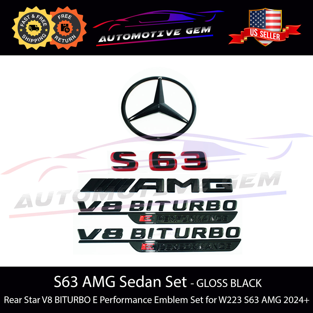 S63 AMG V8 BITURBO E Performance Rear Star Emblem Black Combo Set Merc ...
