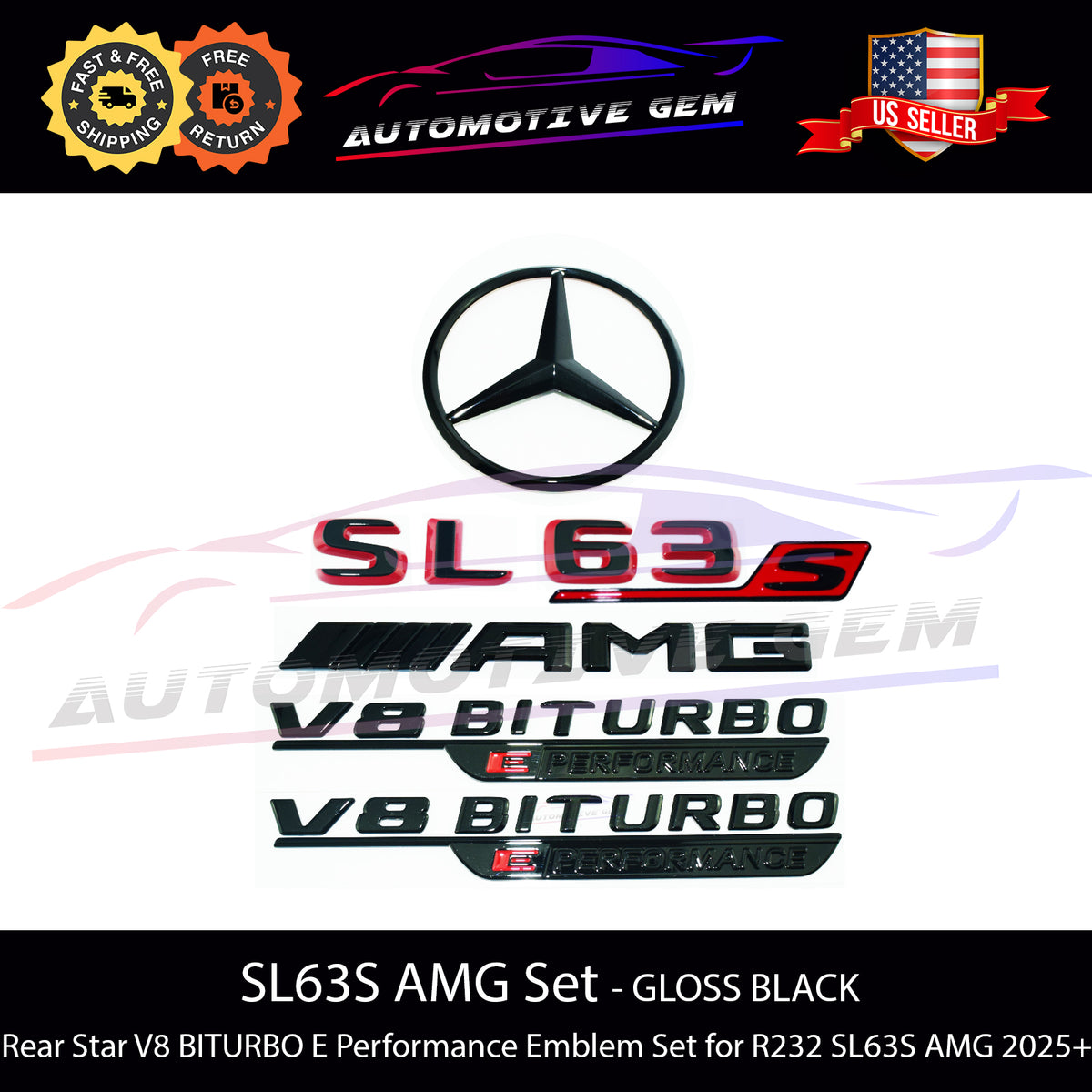 SL63S AMG V8 BITURBO E Performance Emblem Black Badge Set Mercedes R232 ...