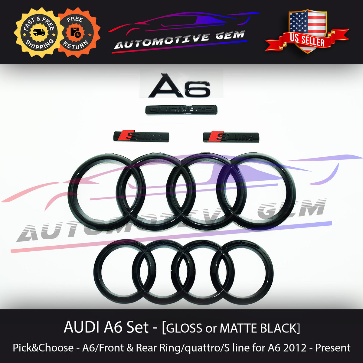 AUDI A6 Emblem BLACK Front Rear Trunk Ring S line Quattro Set 2019 ...