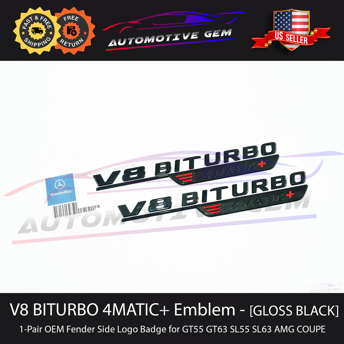 OEM V8 BITURBO 4MATIC+ Fender Emblem BLACK AMG Badge Mercedes GT55 SL5 ...
