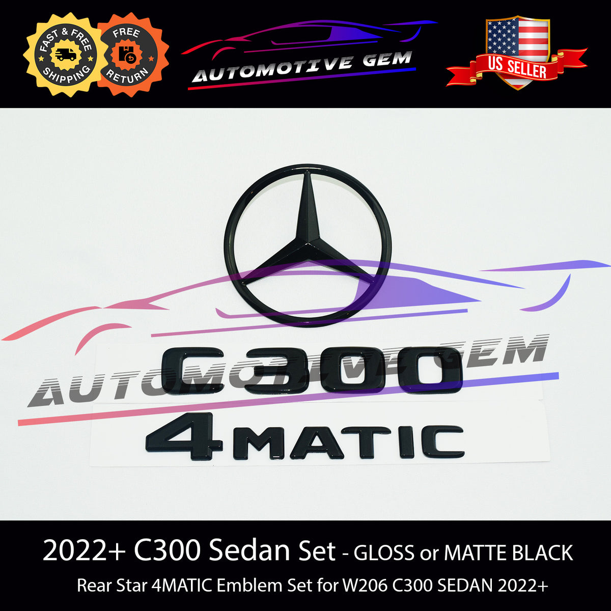C300 AMG 4MATIC Rear Star Emblem Black Badge Logo Mercedes W206 SEDAN ...