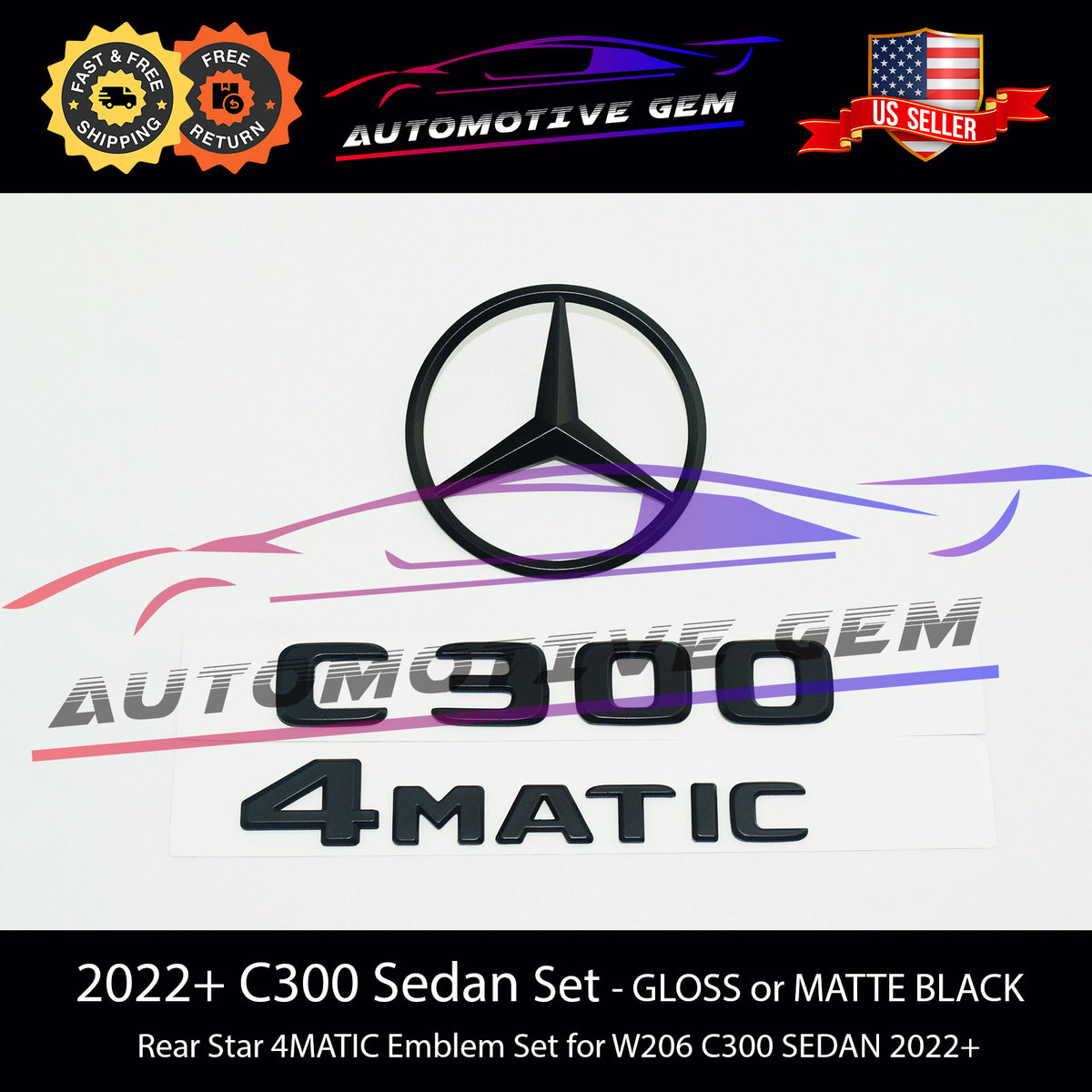 C300 AMG 4MATIC Rear Star Emblem Black Badge Logo Mercedes W206 SEDAN ...