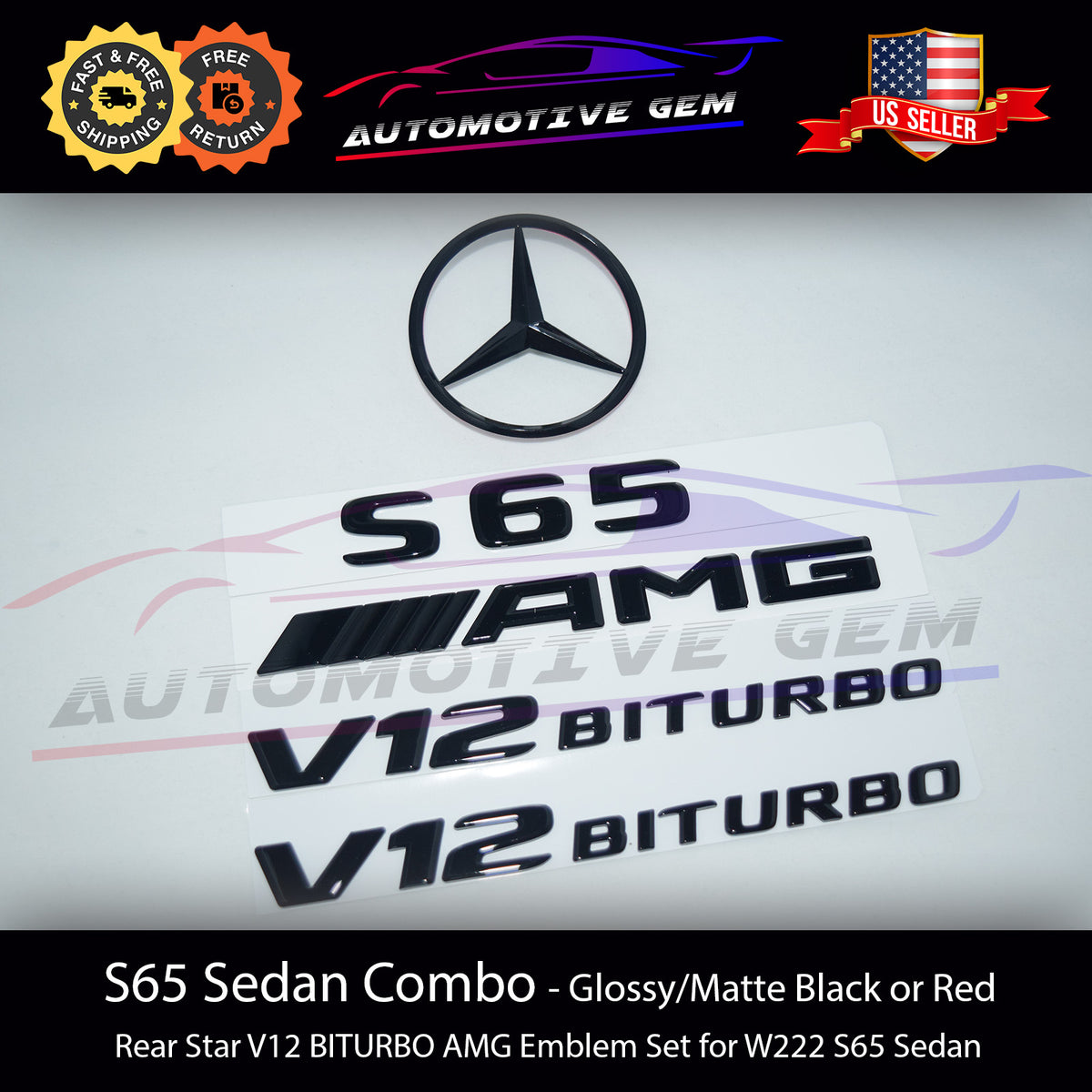 S65 SEDAN AMG V12 BITURBO Rear Star Emblem Black Badge Mercedes W222 ...