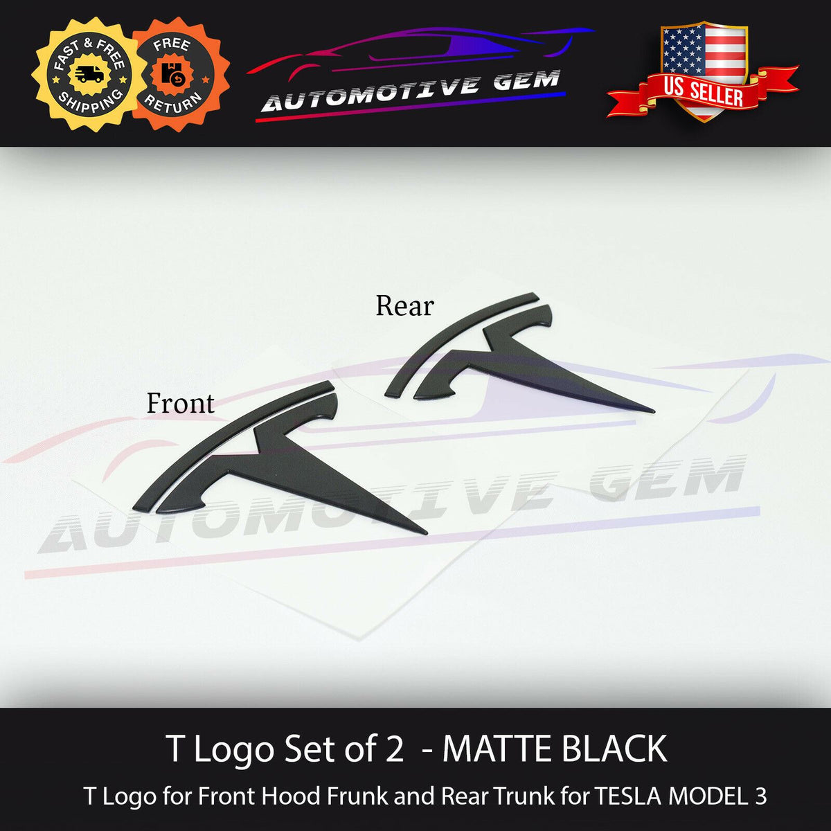Tesla MODEL 3 BLACK Front Rear T Badge DUAL MOTOR Emblem Sticker Set ...
