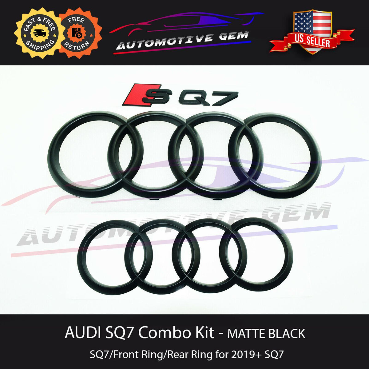 AUDI SQ7 BLACK Front Grille Emblem Trunk Rear Ring Badge Logo Blackout ...