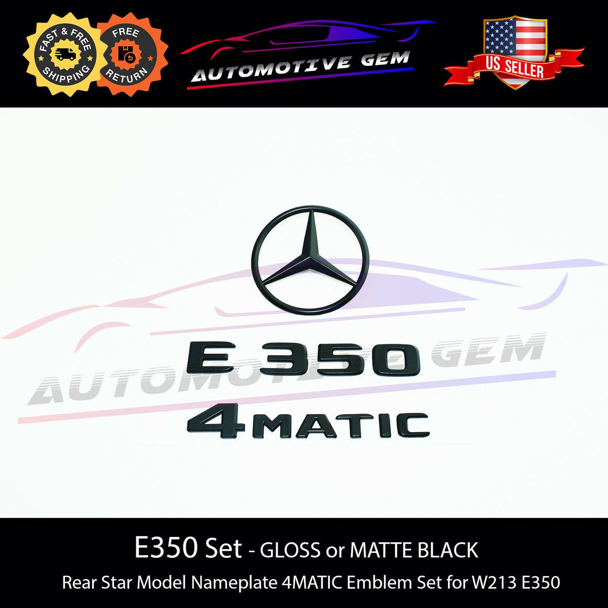 E350 4MATIC Rear Star Emblem Black Letter Badge Logo Combo Set for AMG ...