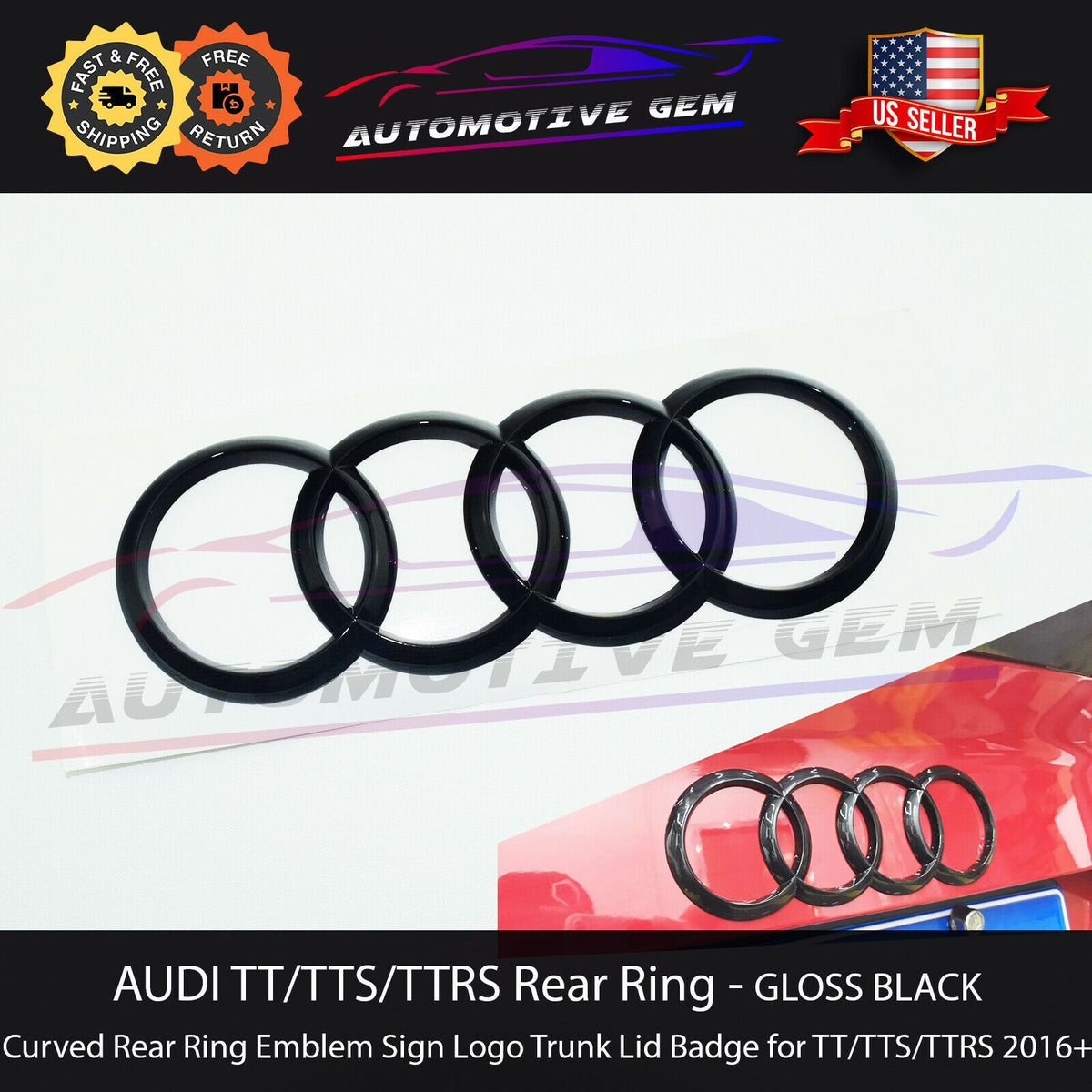 AUDI TTRS TTS TT Trunk Emblem Curve Ring GLOSS BLACK Rear Hatch Logo B ...