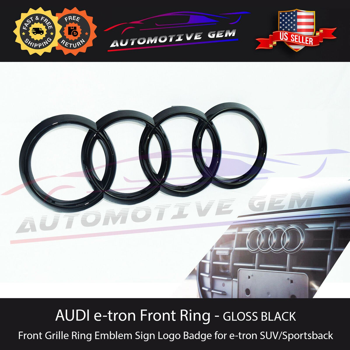 AUDI e-tron GLOSS BLACK Front Grille Ring Emblem Logo etron SUV Sportb ...