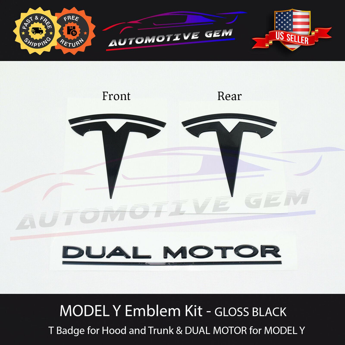 Tesla MODEL Y BLACK Front & Rear T Badge DUAL MOTOR Emblem Sticker Set ...