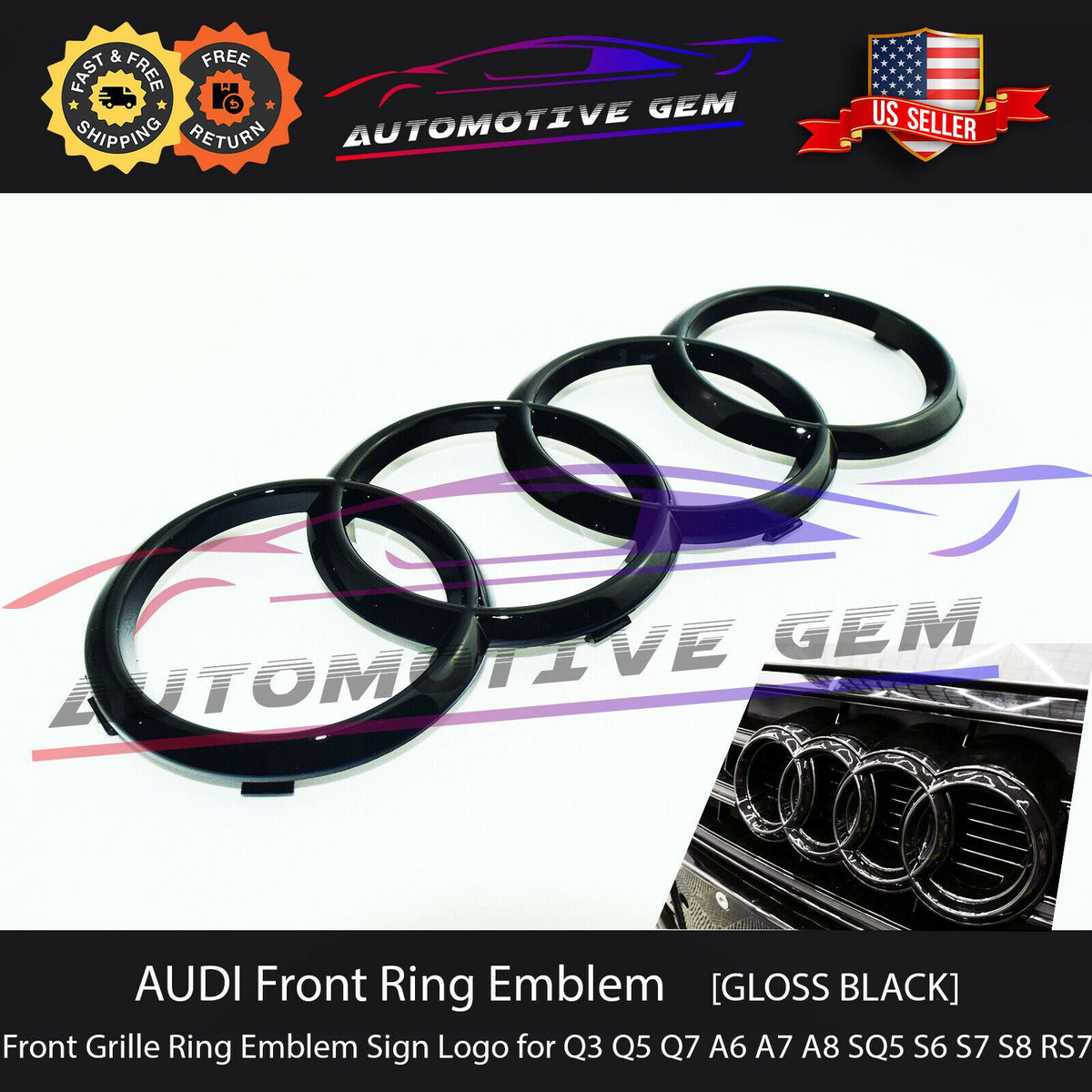 AUDI Front Ring Grille Emblem BLACK Badge Logo OEM Upgrade Q3 Q5 Q7 SQ ...