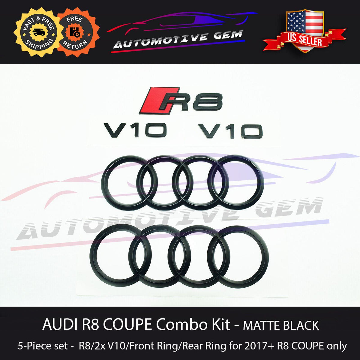 AUDI R8 Emblem BLACK Hood Trunk Ring V10 Rear Logo Badge COUPE SPYDER ...