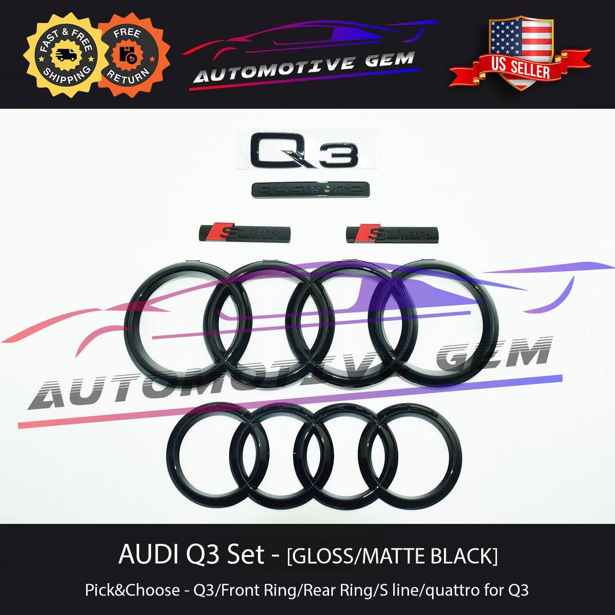 AUDI Q3 Emblem BLACK Front Grille Rear Trunk Ring S Line Quattro Badge ...