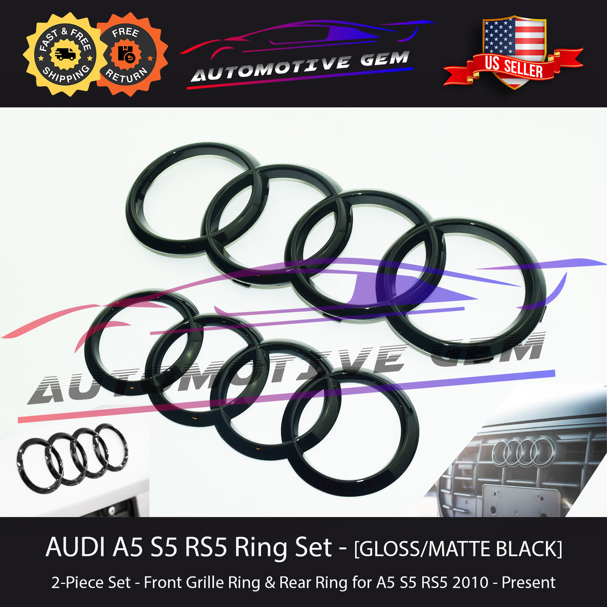 AUDI A5 Ring BLACK Front Grille & Rear Trunk Emblem Lid Logo Hatch Bad ...