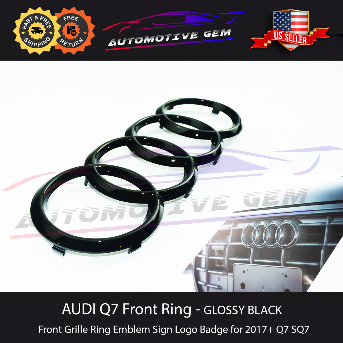 AUDI Q7 Front Grille Ring Emblem GLOSS BLACK Badge Sign Logo S line SQ ...
