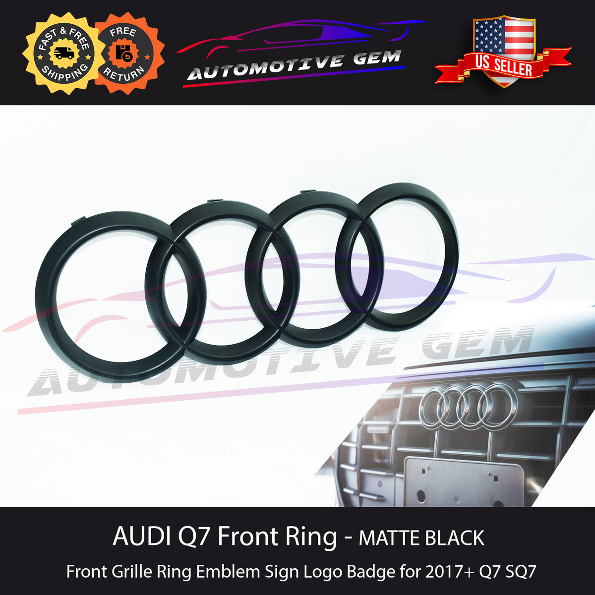 AUDI Q7 Front Grille Ring Emblem MATTE BLACK Badge Sign Logo S line SQ ...