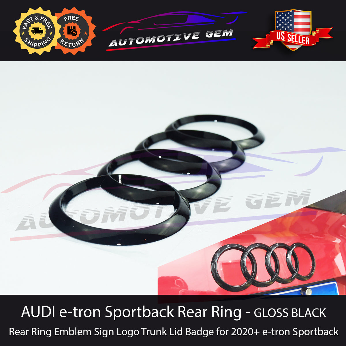AUDI e-tron Sportback Rear Ring Emblem GLOSS BLACK Sign Logo Trunk Lid ...