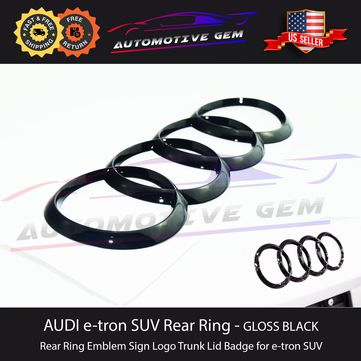 AUDI e-tron SUV GLOSS BLACK Rear Ring Emblem Sign Logo Trunk Liftgate ...