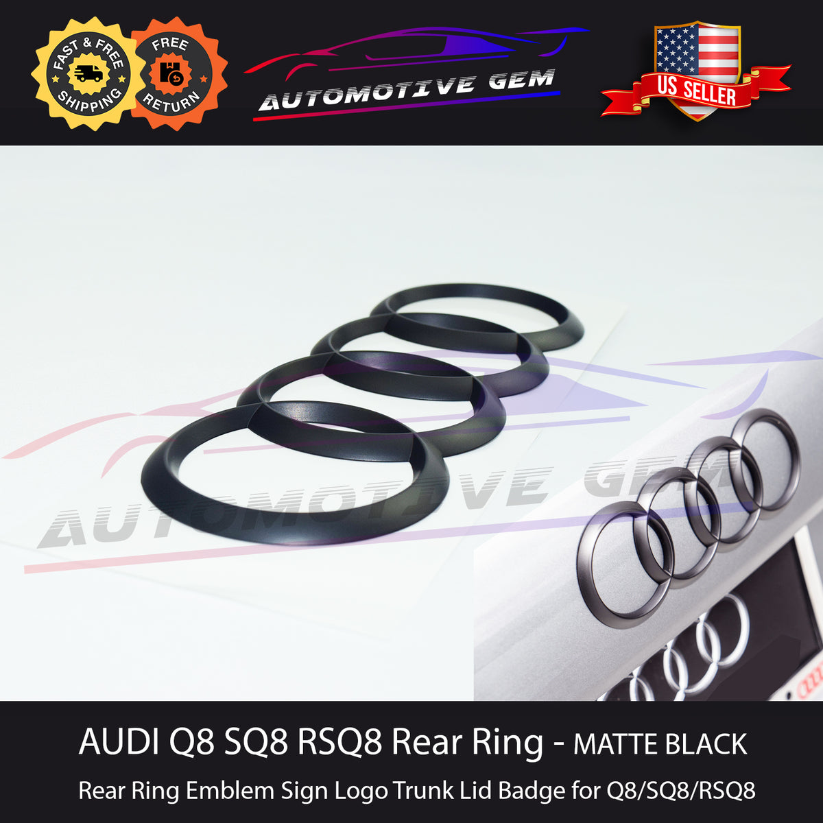 AUDI Q8 SQ8 Rear Ring Emblem MATTE BLACK Sign Logo Trunk Lid Badge S l ...