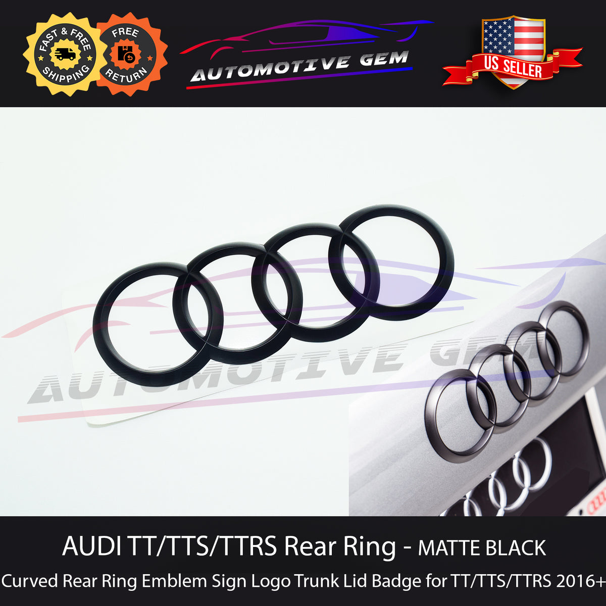 AUDI TTRS TTS TT Trunk Emblem Curve Ring MATTE BLACK Rear Hatch Logo B ...