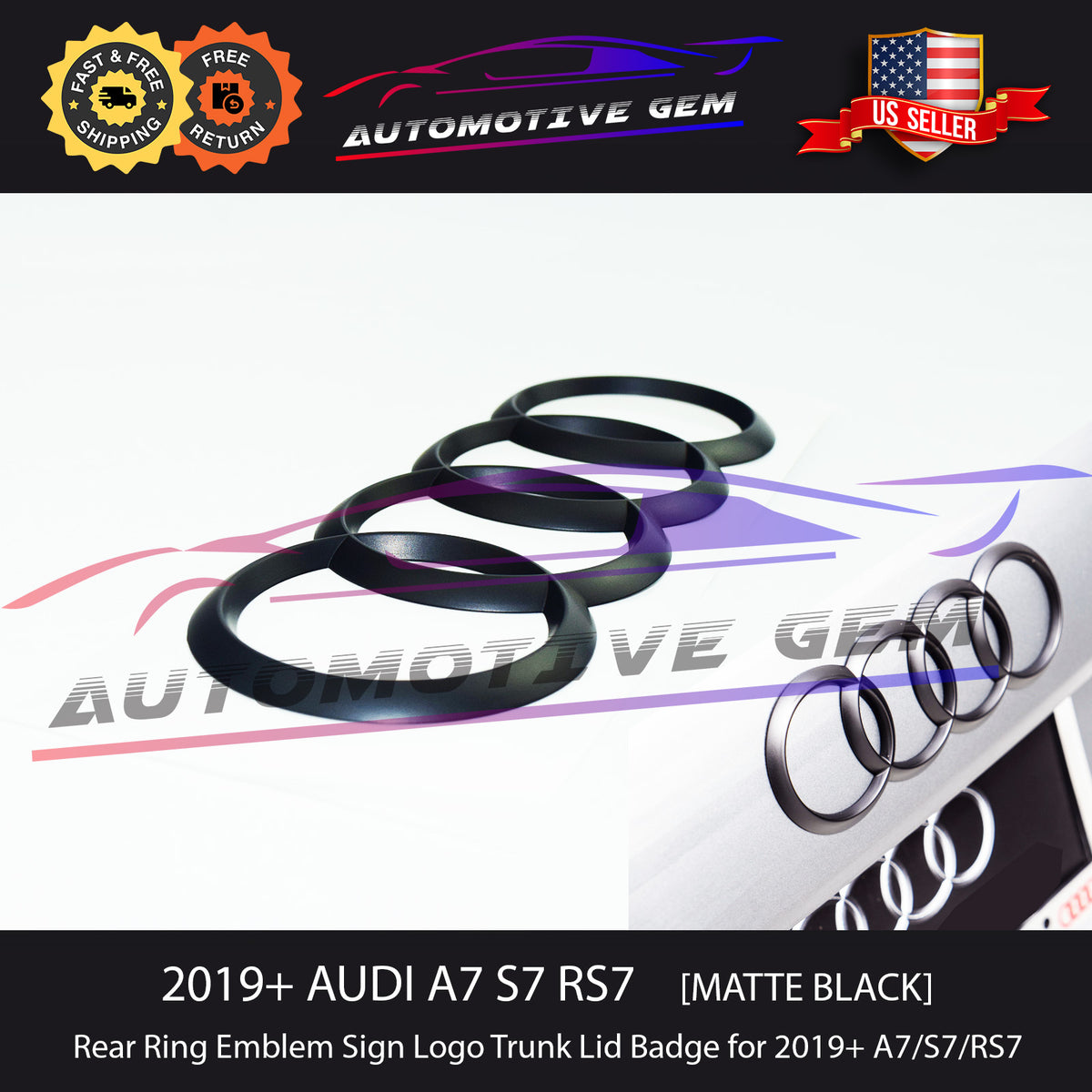 2019+ AUDI A7 Trunk Ring Emblem MATTE BLACK Rear Lid Hatch Logo Badge ...