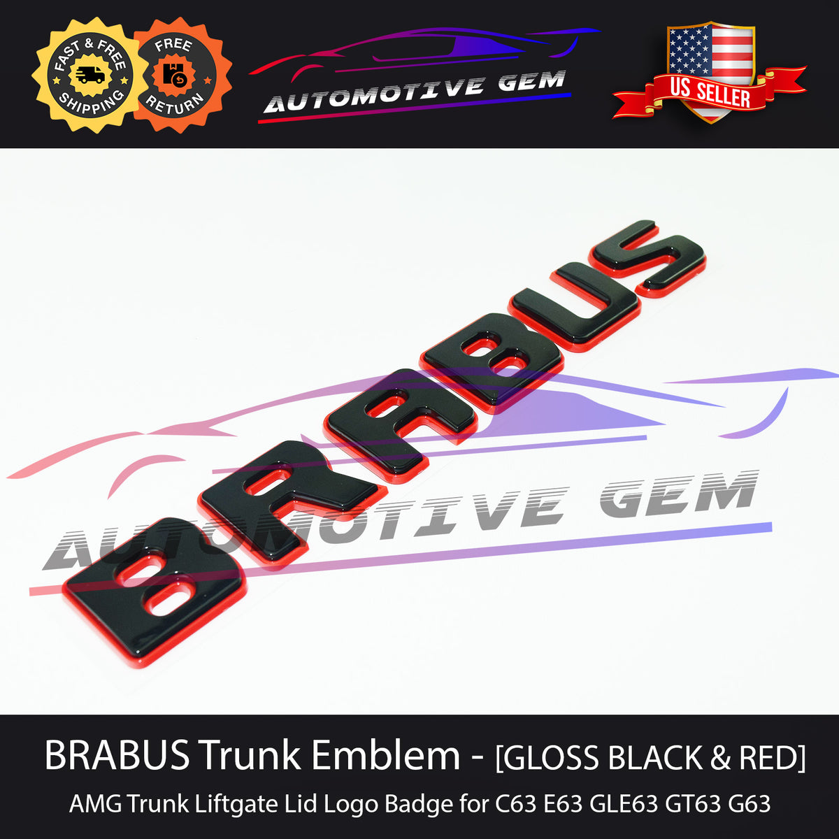 BRABUS Logo Tailgate GLOSS BLACK RED Emblem Rear Trunk Luggage Lid Bad ...