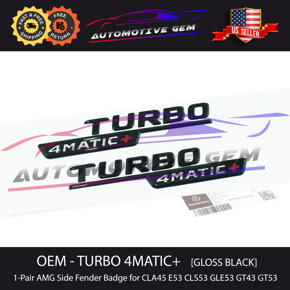 OEM TURBO 4MATIC+ Plus AMG Fender Emblem Badge GLOSS BLACK Mercedes ...