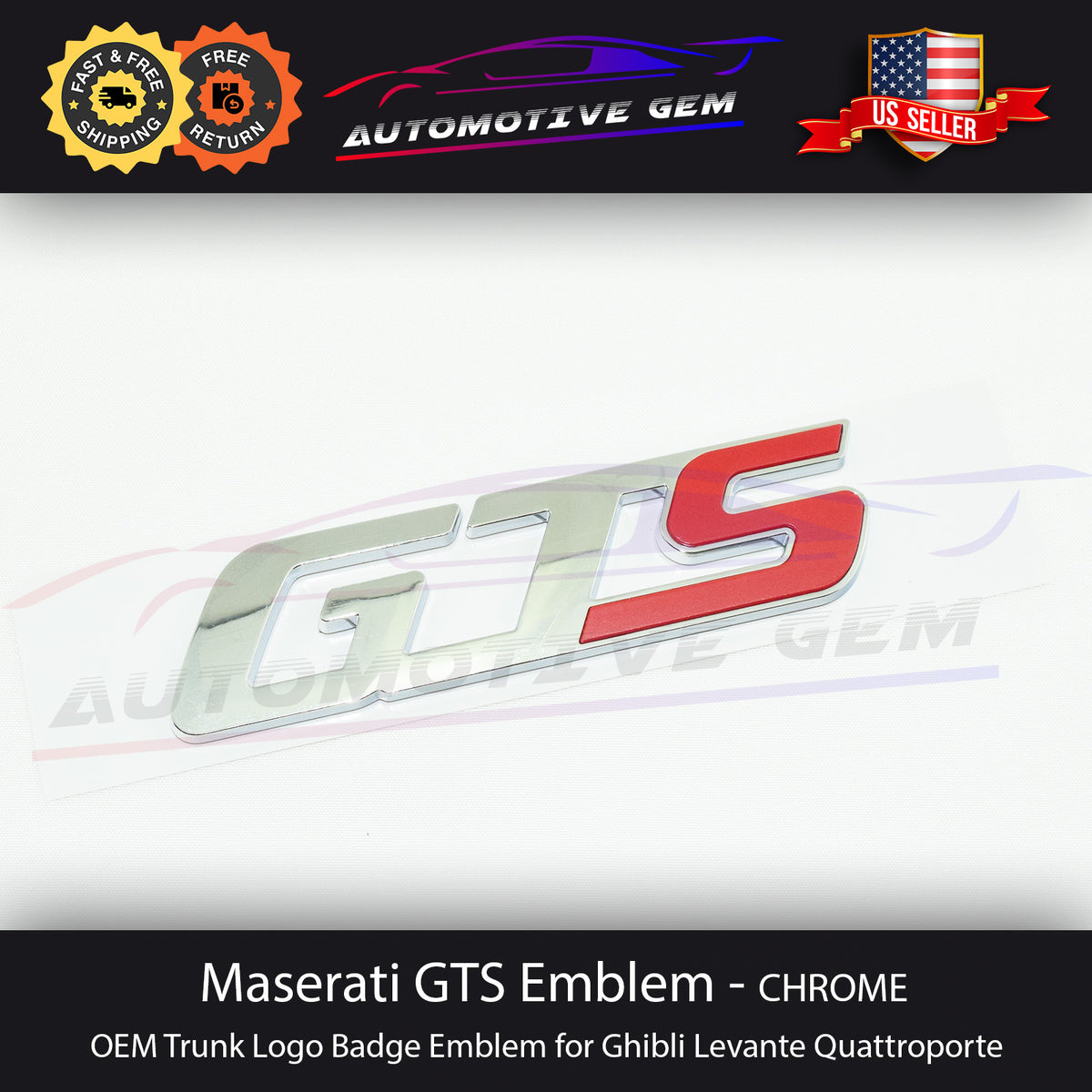 Maserati GTS Emblem Chrome Red Logo Trunk Emblem Badge Ghibli Quattrop ...