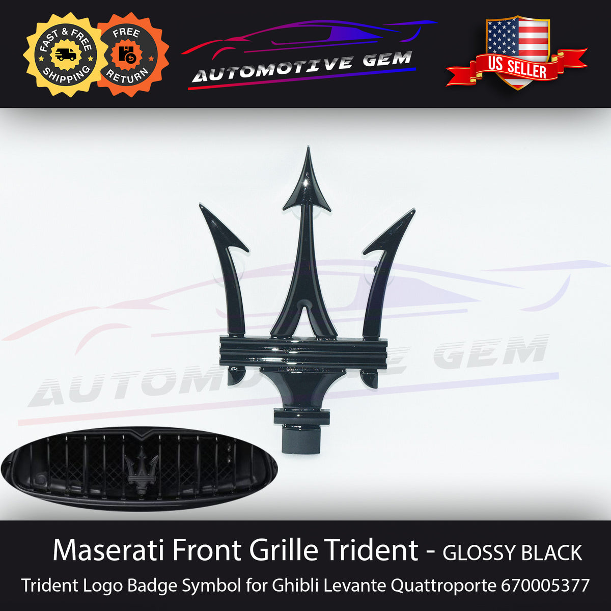 Maserati Front Grille Emblem Glossy Black Trident Logo Badge Symbol 67 ...