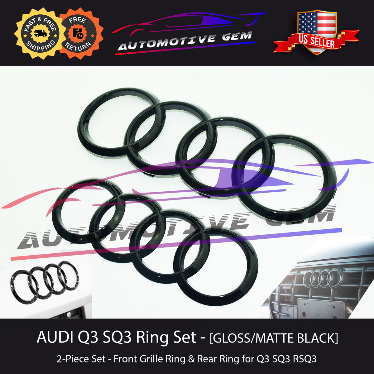 AUDI Q3 Ring BLACK Front Grille & Rear Trunk Emblem Lid Logo Hatch Bad ...