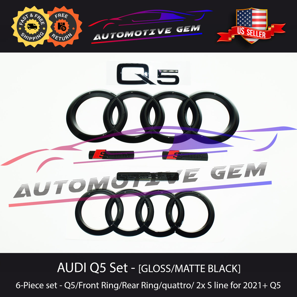 AUDI Q5 Emblem BLACK Grille Rear Trunk Ring S Line Quattro Badge Set ...