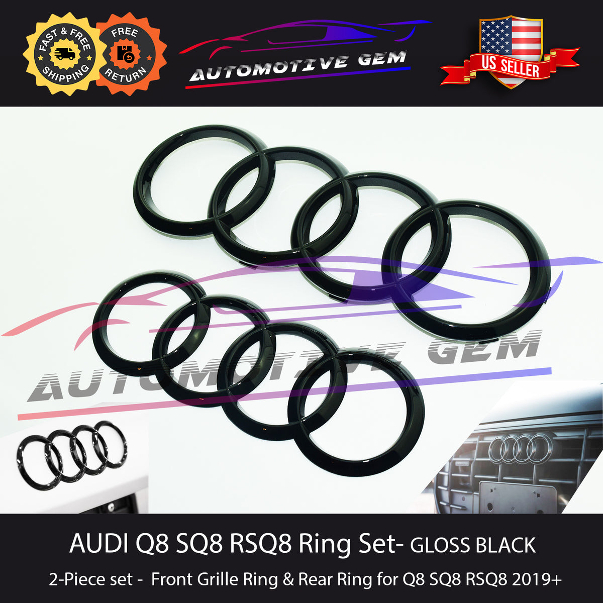 AUDI Q8 Ring BLACK Front Grille Emblem Trunk Rear Logo Badge SQ8 RSQ8 ...