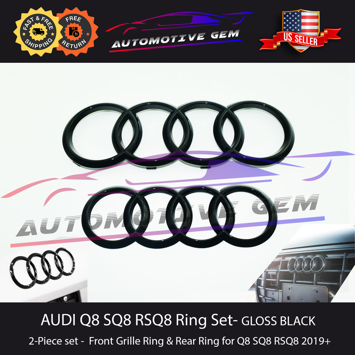 AUDI Q8 Ring BLACK Front Grille Emblem Trunk Rear Logo Badge SQ8 RSQ8 ...