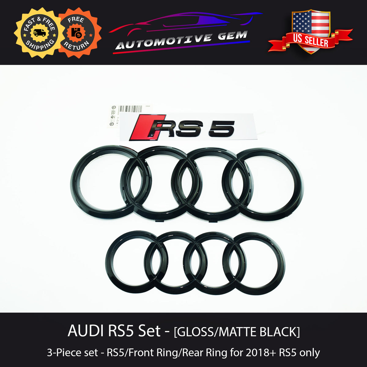 AUDI RS5 Emblem BLACK Front Grille Rear Trunk Ring Badge Sportback ...