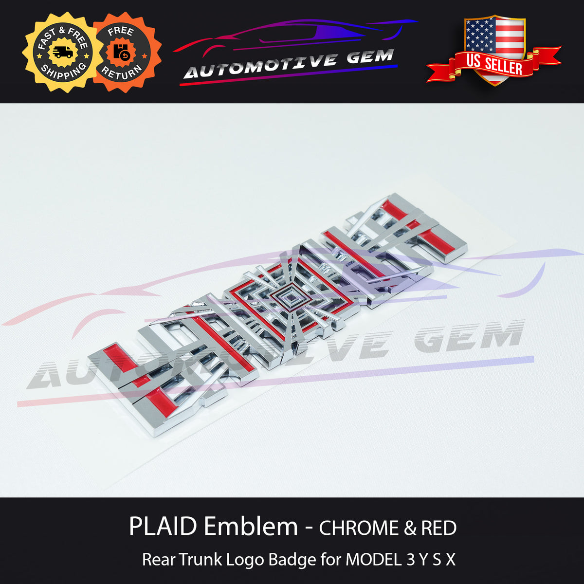 Tesla PLAID Badge CHROME RED Trunk Liftgate Logo Rear Emblem Upgrade M ...