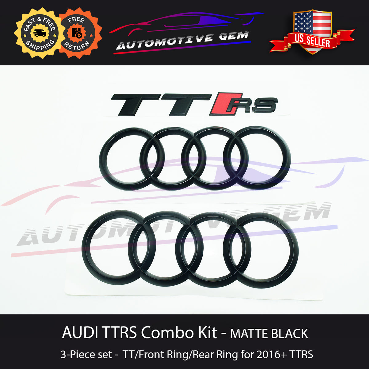 AUDI TTRS BLACK Hood & Trunk Ring Emblem S Line quattro Logo Badge Kit ...